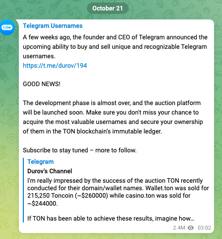 Telegram即将在TON链上推出用户名拍卖平台 - AiCoin