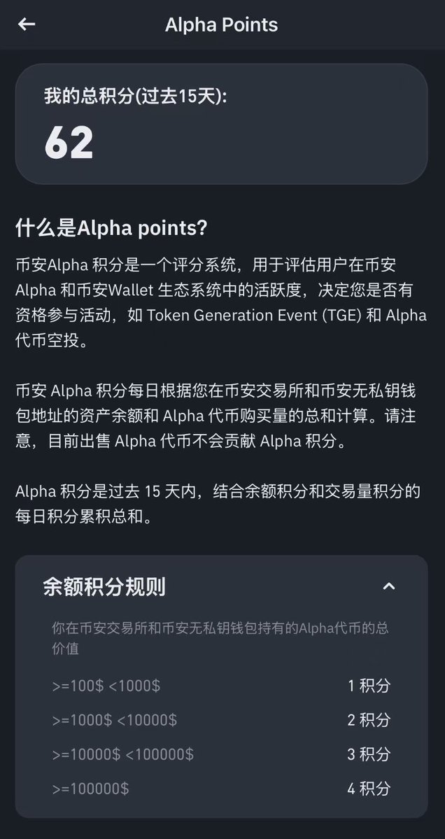 🧐 #Binance 推出了 Alpha points 积分系统作为 TGE 空投参与资格筛选依据；本篇为 Alpha 积分机制全解：TGE如何筛人、如何刷分、如何卡位——一、如何查询：在 ...